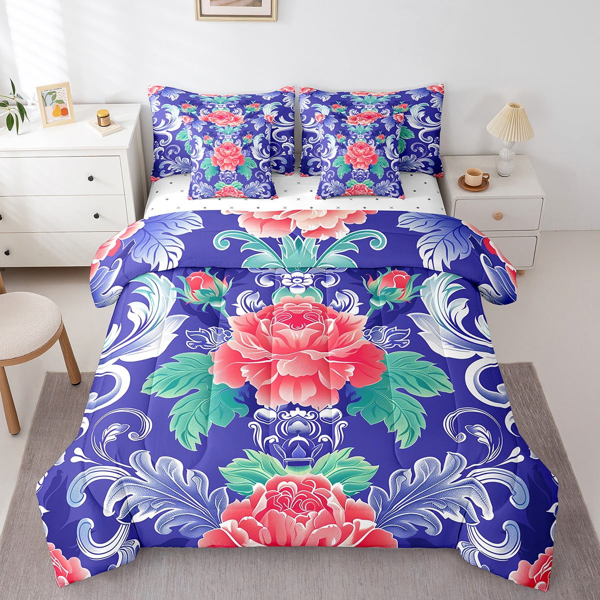 YST Jacquard Damask Bedding Sets 7 Piece Queen Romantic Rose Leaves ...