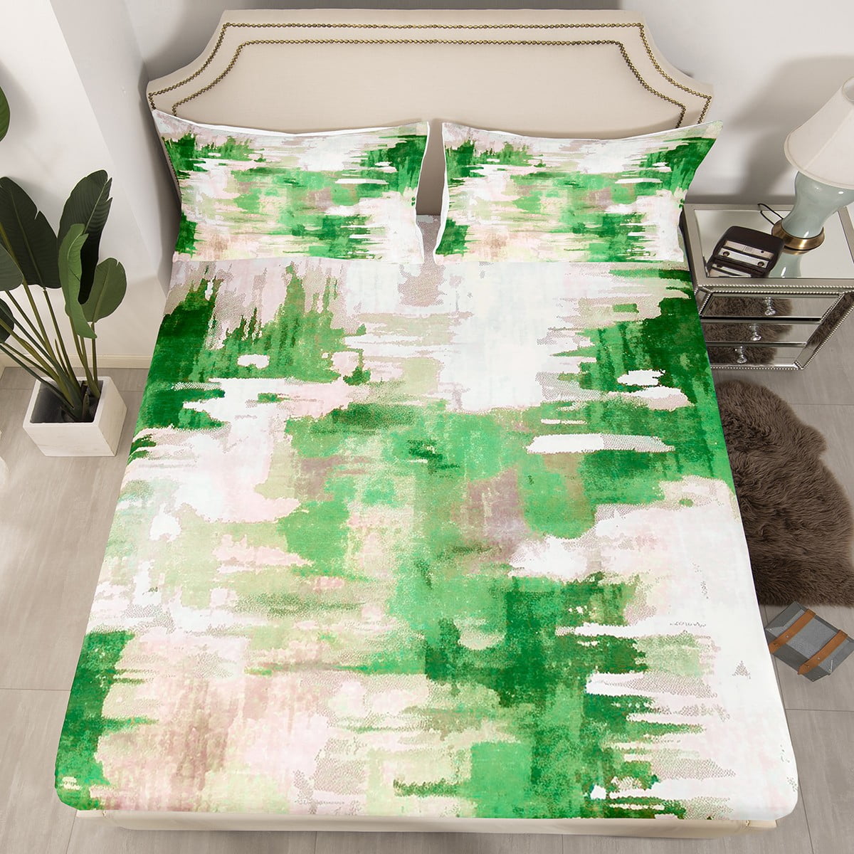 Jade Green Abstract Bedding Set,Watercolor Fitted Sheet Queen Size ...