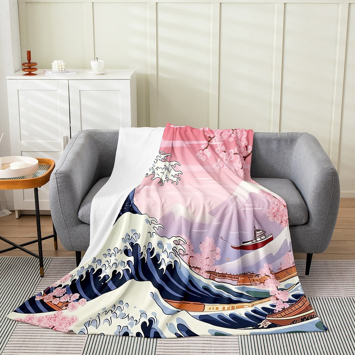 YST Japan Style Ocean Wave Throw Blanket,Pink Cherry Blossom Flannel ...