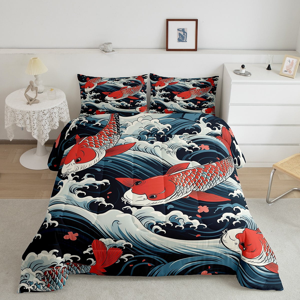 YST Japanese Bedding Set Queen Red Gossip Koi Comforter Set Ocean Waves ...