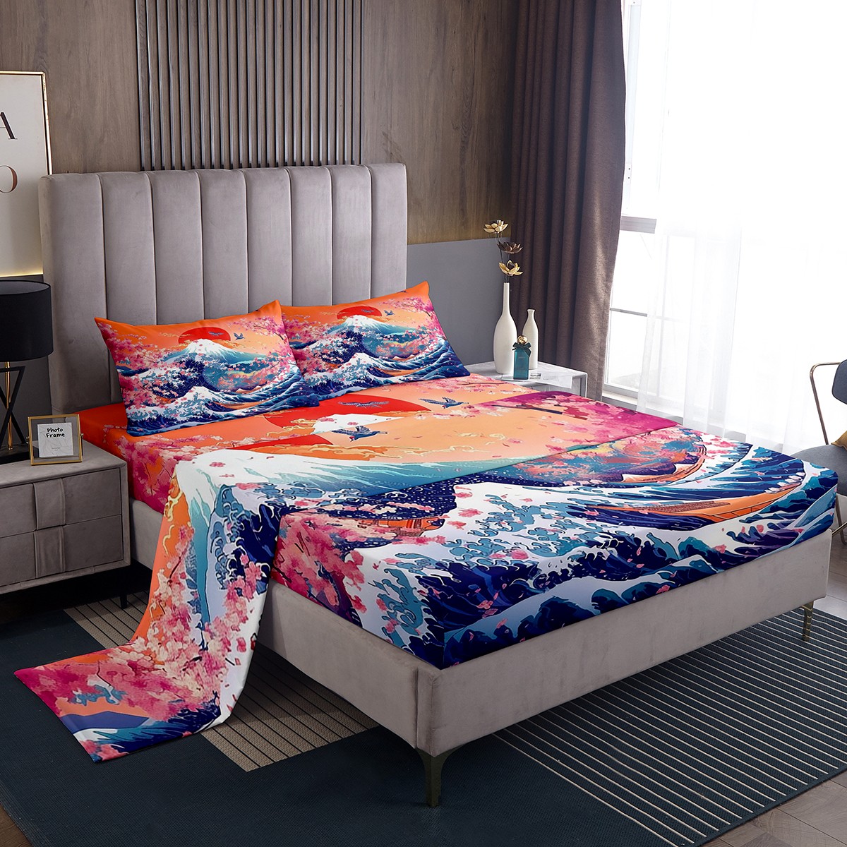 Japanese Bedding Sheets Ocean Waves Nautical Sheet Set Queen Cherry ...