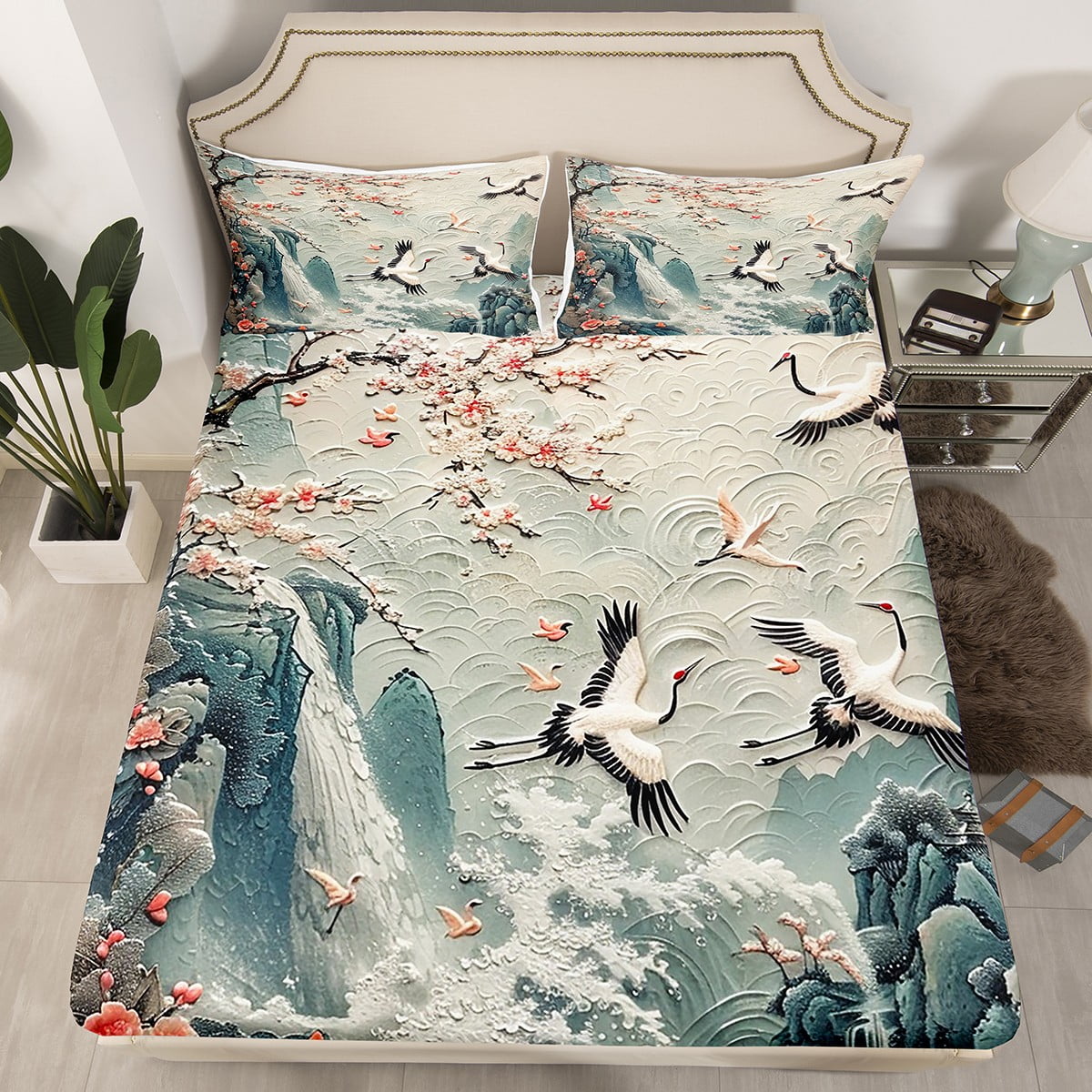 Japanese Crane Bedding Set, Landscape Painting Bed Sheet Queen Size, Cherry Blossoms Fitted ...