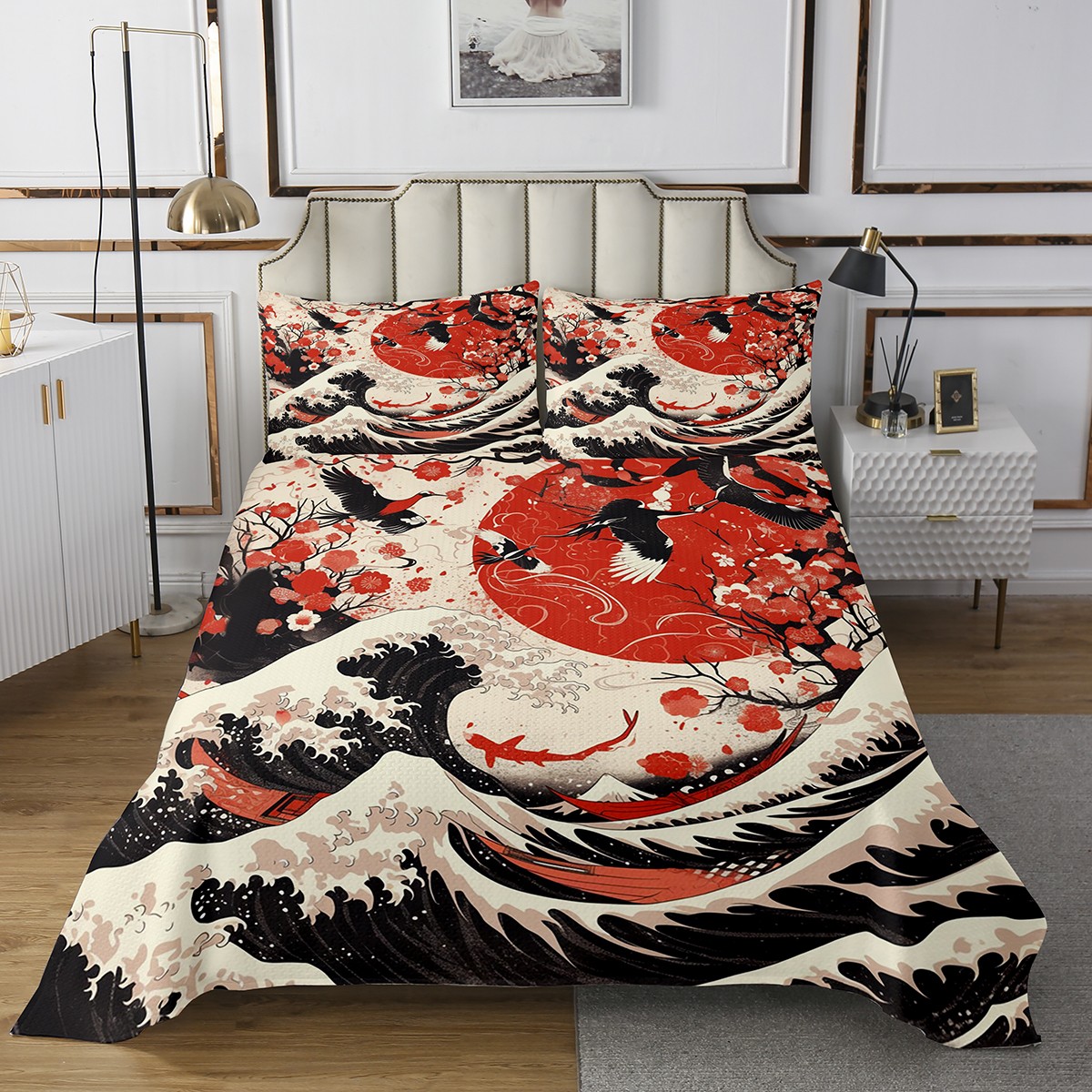 YST Japanese Crane Bedspread Set Twin Size, Japanese Traditional Ukiyo ...