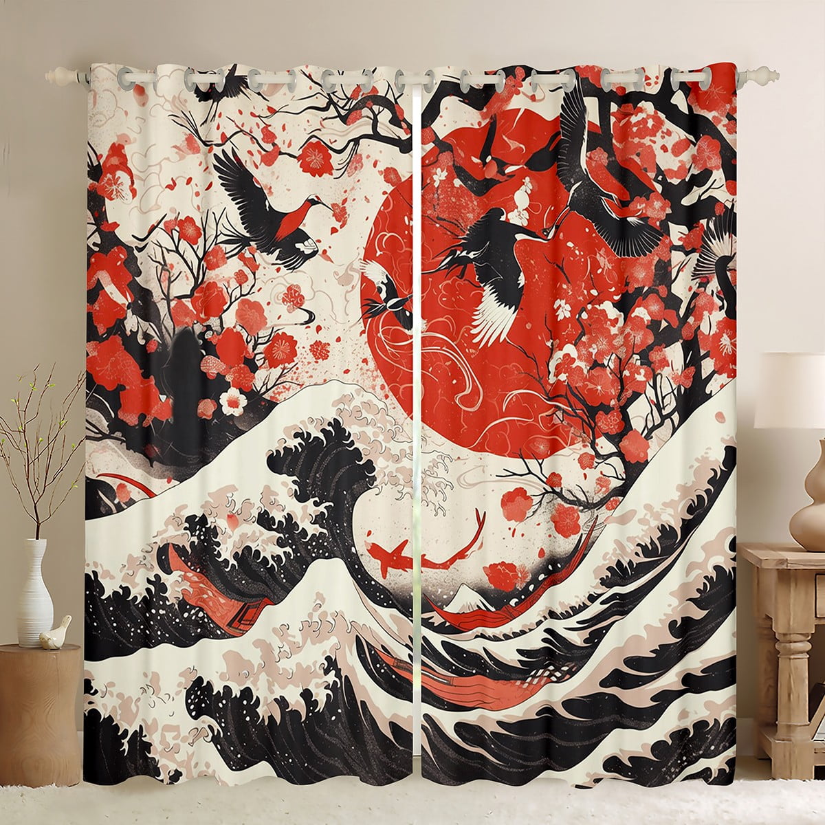 YST Japanese Crane Blackout Curtains, Japanese Traditional Ukiyo-E ...