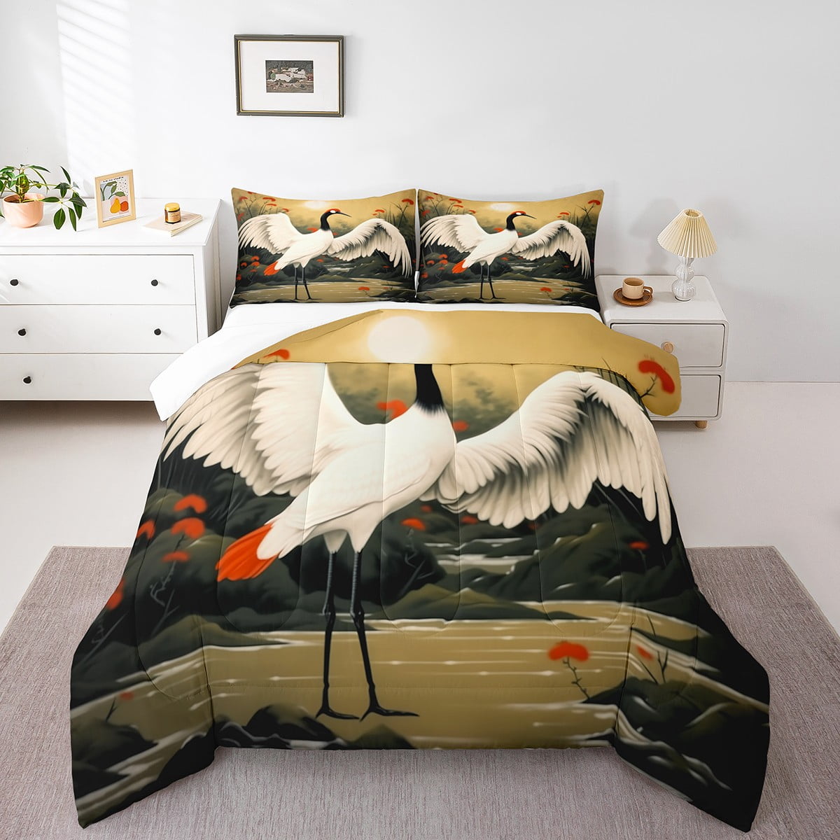 Japanese Crane Comforter Set Queen Adults,Vintage Japanese Style Bedding Set,Oriental Asian ...