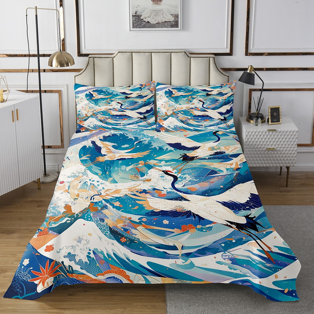 YST Japanese Crane Queen Bedspread Set,Watercolor Blue Ocean Waves ...