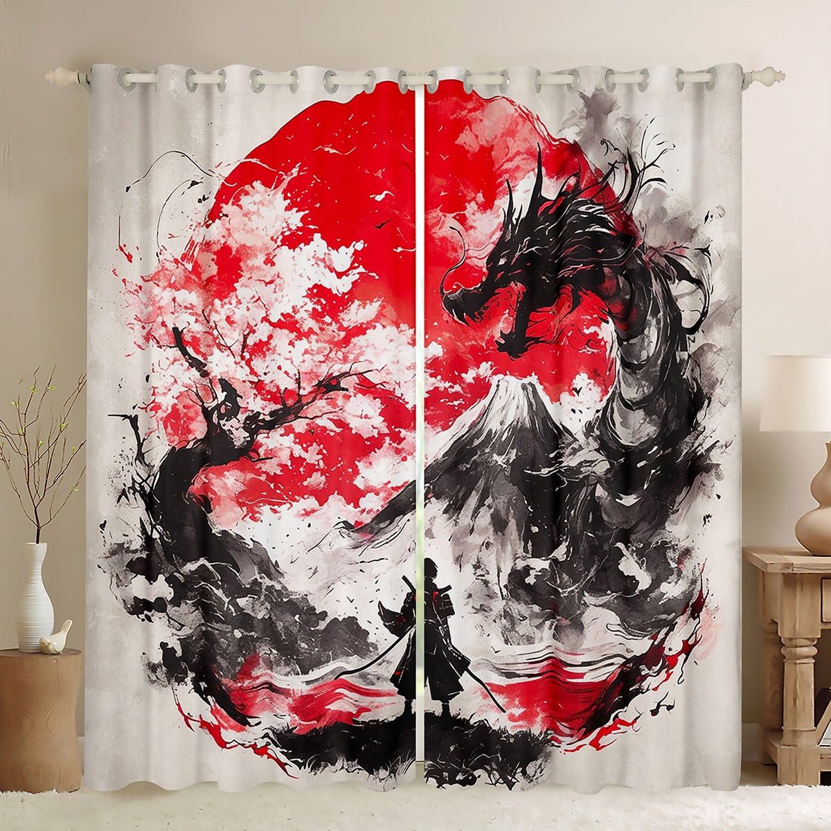 Japanese Curtains Drapes 52"Wx63"L Japanese Samurai 30%-50% Blackout ...