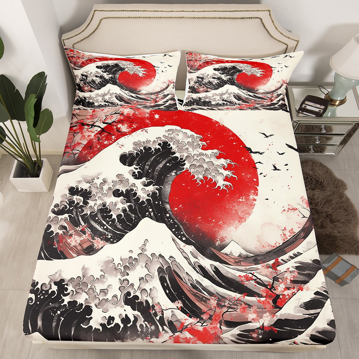 YST Japanese Fitted Sheet Full,Japanese Ukiyo Theme Bed Sheets For Kids ...
