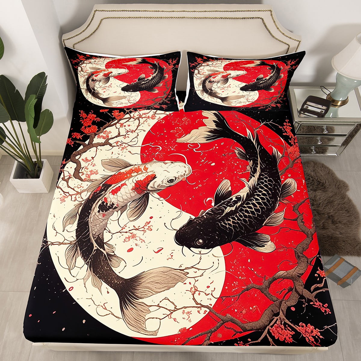 Japanese Koi Fish Bed Sheets Full Yin Yang Theme Fitted Sheet Women,Red ...