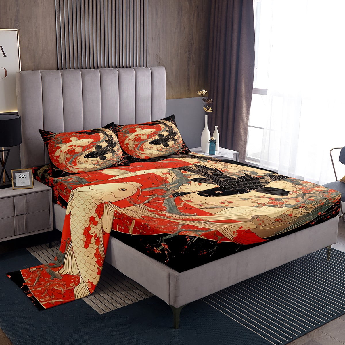 YST Japanese Koi Fish King Size Bed Sheet, Cherry Blossoms Sheet Set ...