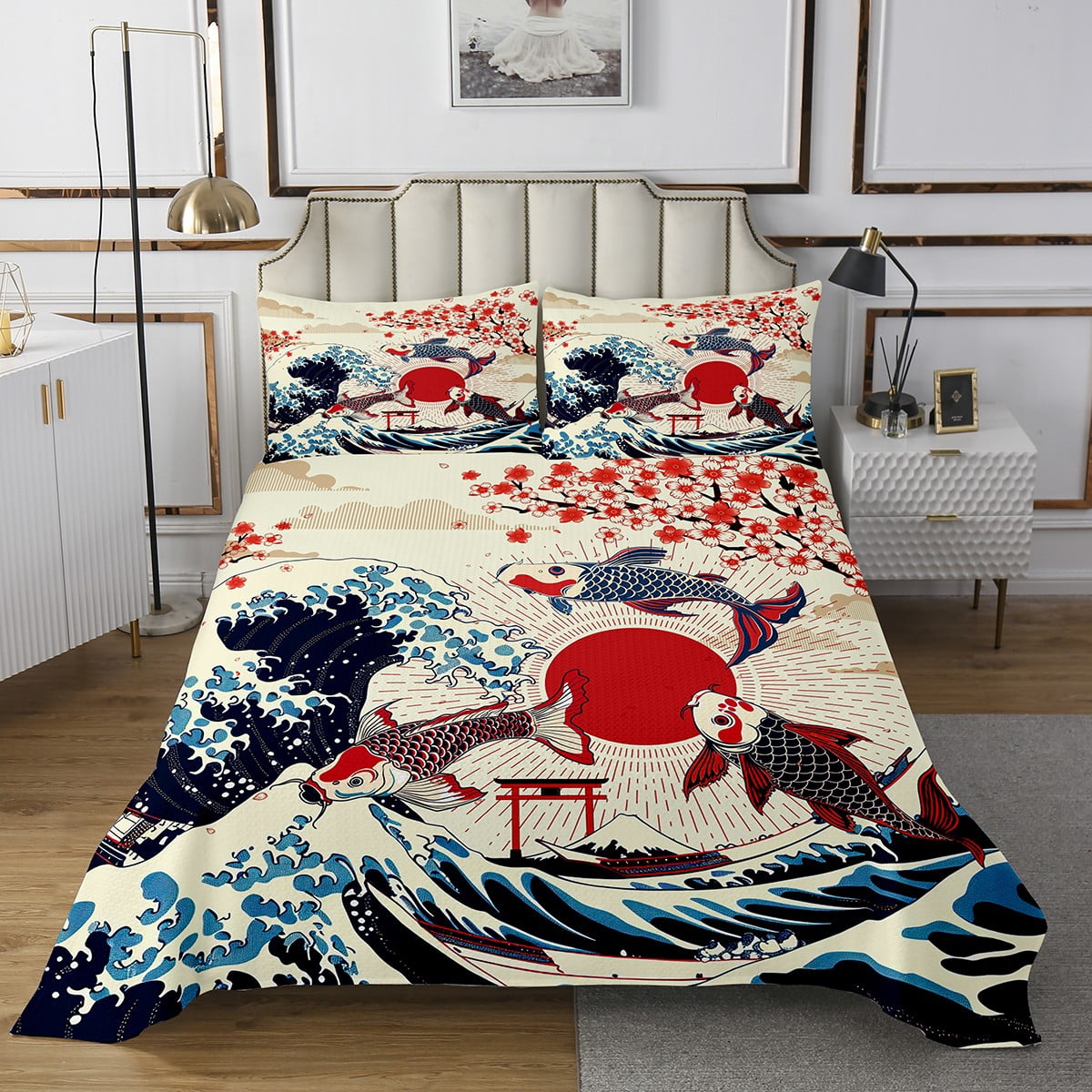 YST Japanese Koi Fish Queen Bedspread,Cherry Blossom Quilt Bedding Set ...