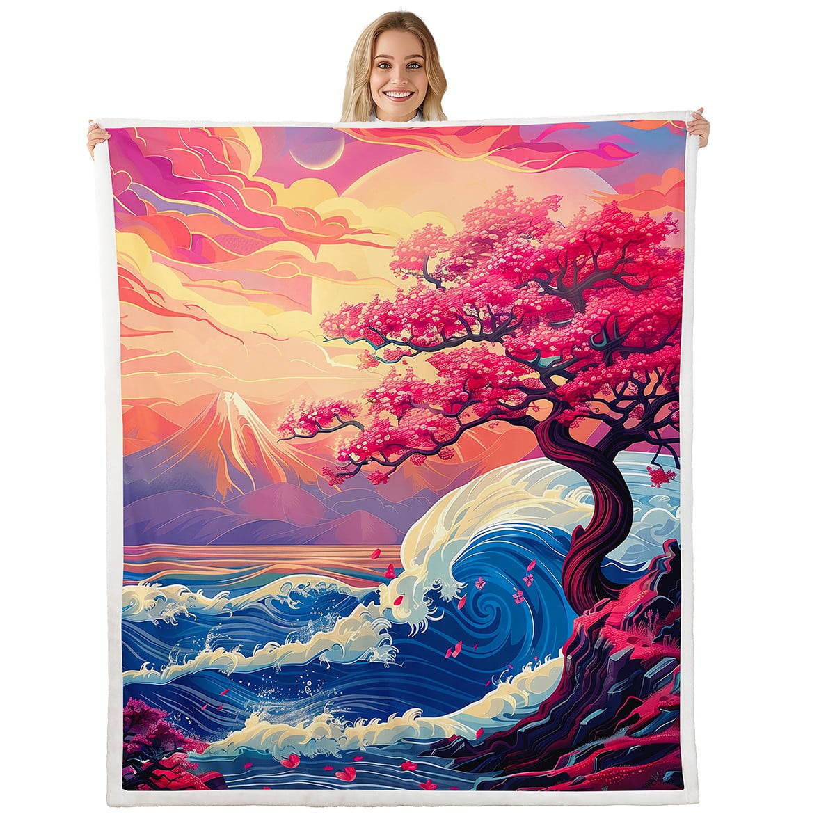 YST Japanese Ocean Wave Blanket Throw,Pink Cherry Blossom Blankets Throws for Kids Adults ...