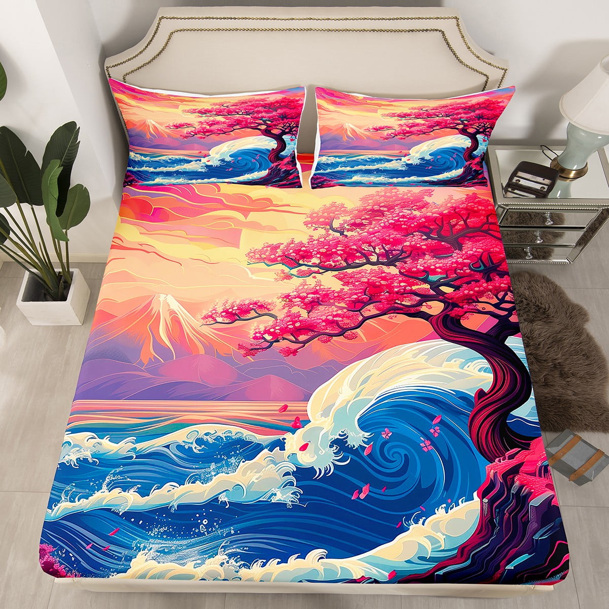YST Japanese Ocean Wave Full Fitted Sheet,Pink Cherry Blossom Bedding ...