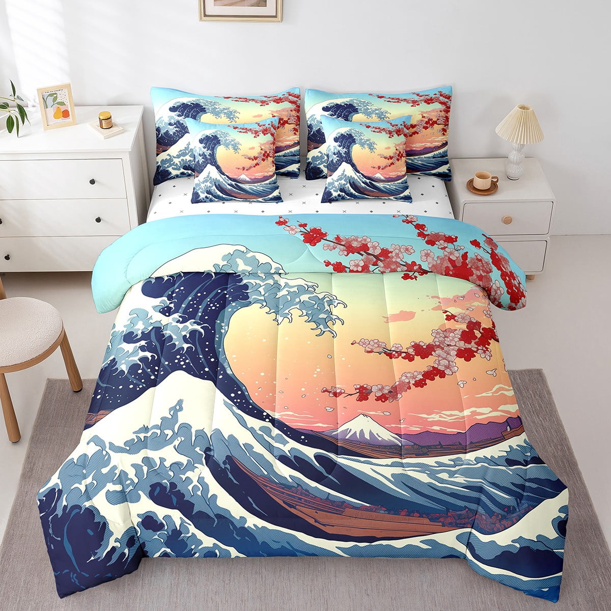YST Japanese Queen Bedding Set 7 Piece Red Cherry Blossom Bed In A Bag ...