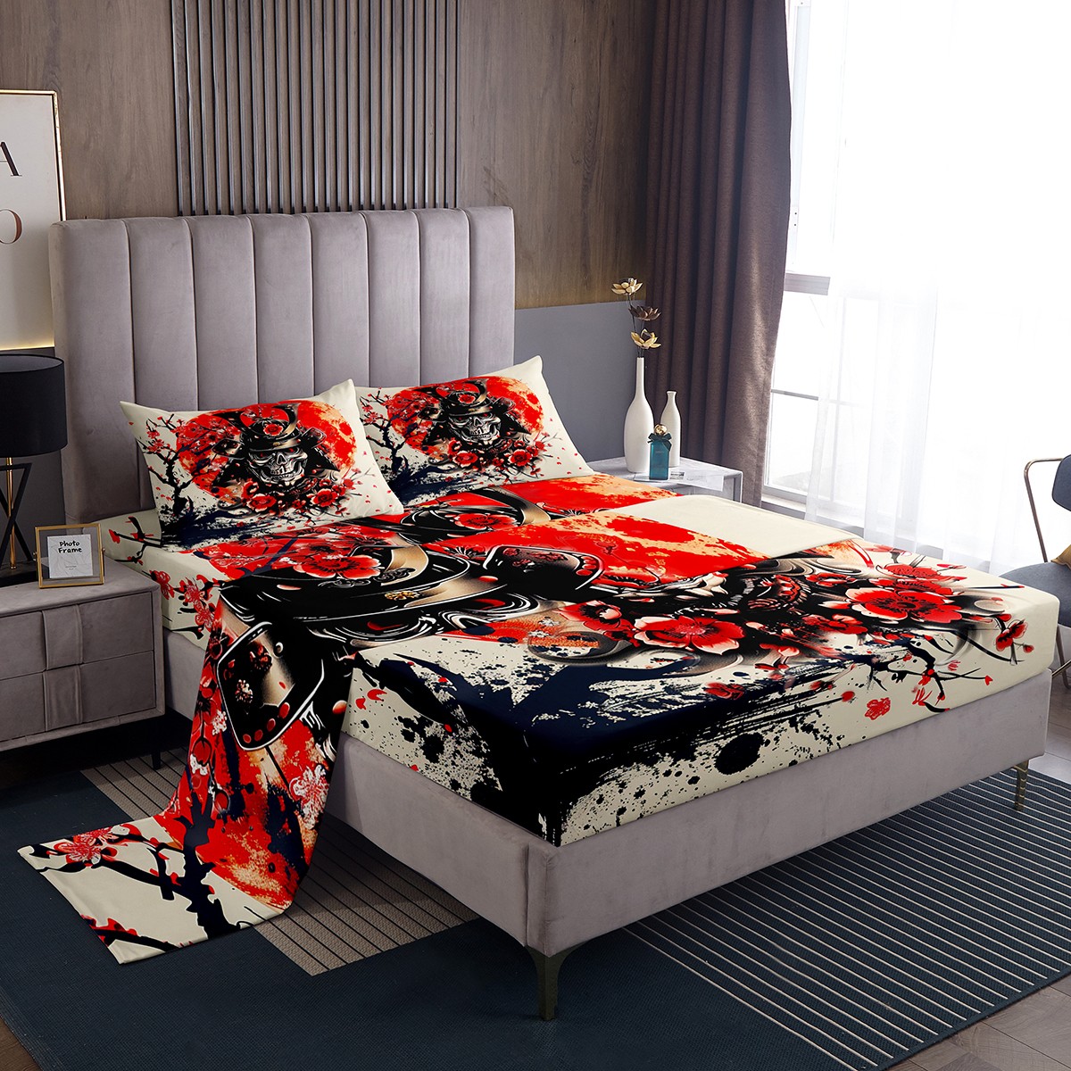 Japanese Samurai Bed Sheets Set Men Cherry Blossoms Sakura Full Sheet ...