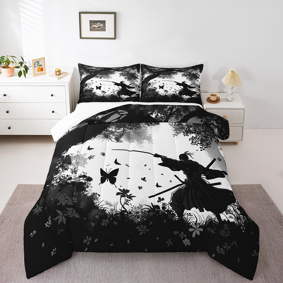 Japanese Samurai Full Bedding Set Men,Black and White Japanese Style ...