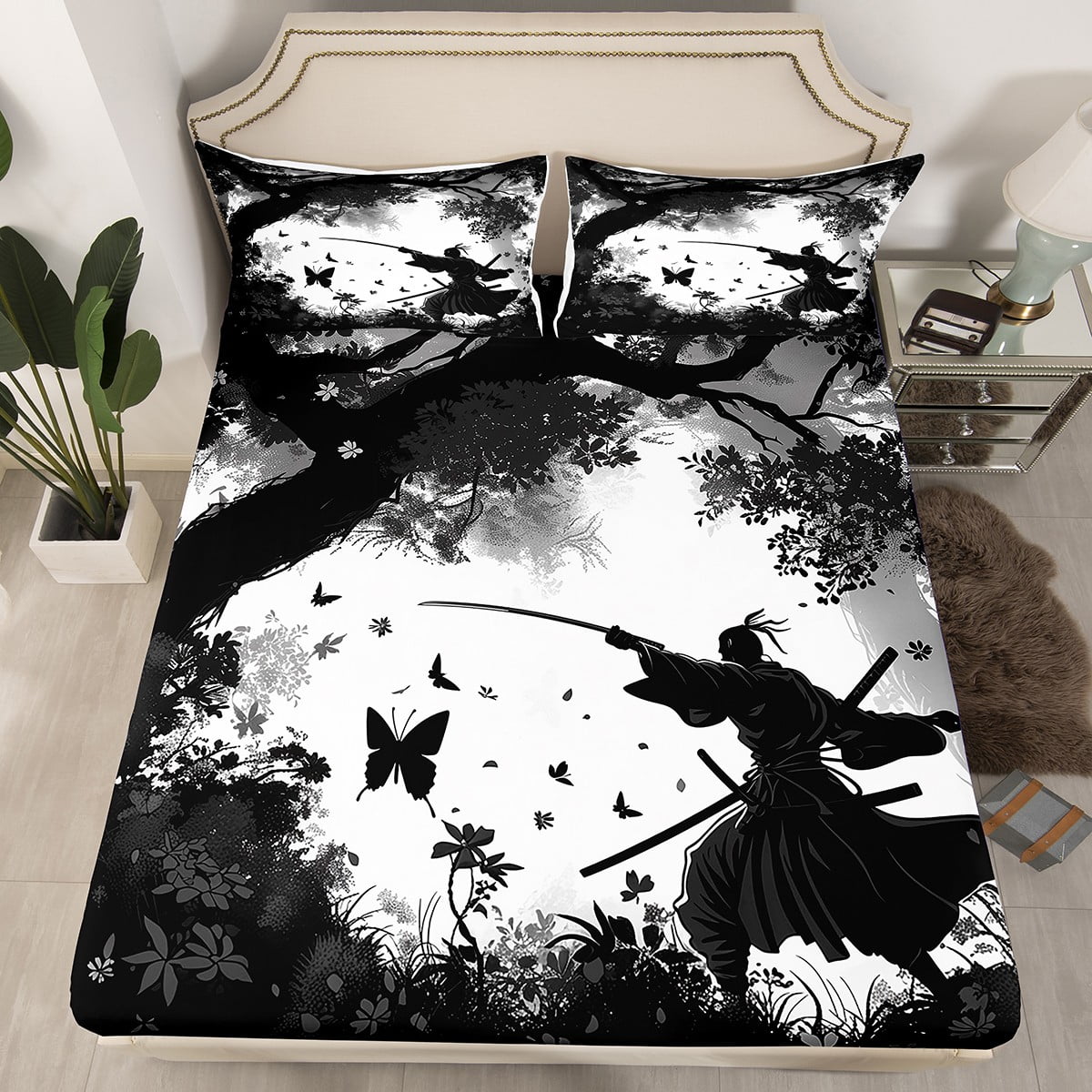 Japanese Samurai Full Fitted Sheet Men,Black and White Japanese Style ...