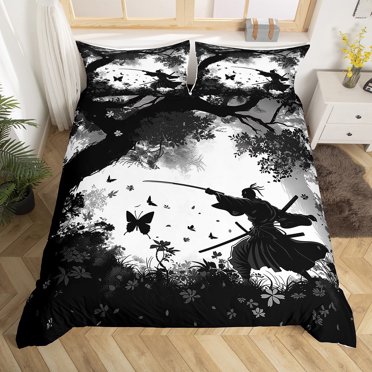 Japanese Samurai Full Bedding Set Men,Black and White Japanese Style ...