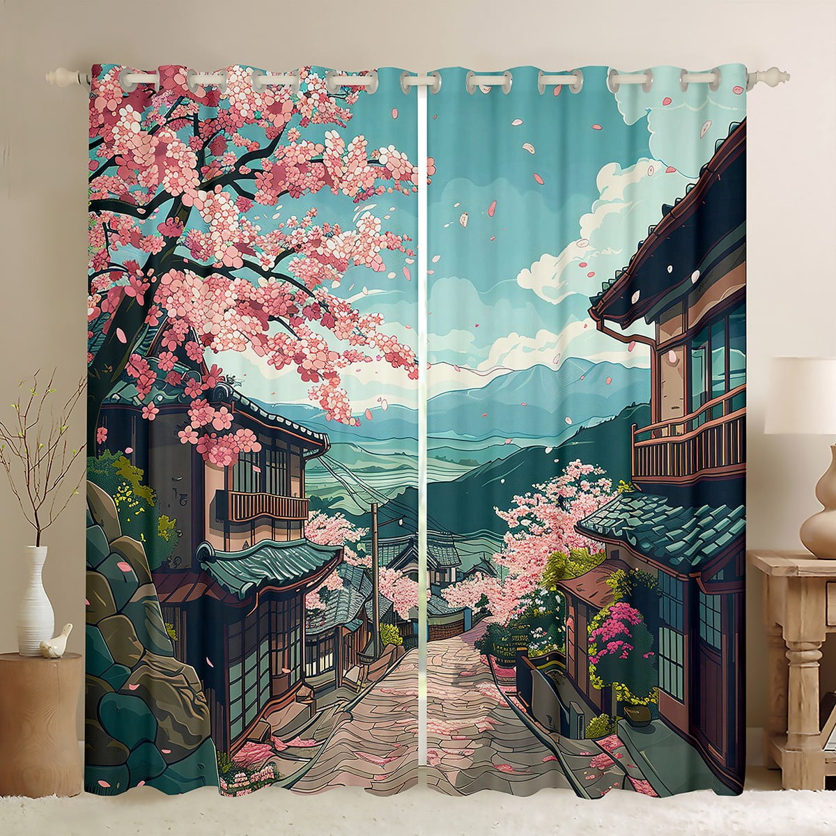 YST Japanese Showa Style 30%-50% Blackout Curtains Cherry Blossom ...