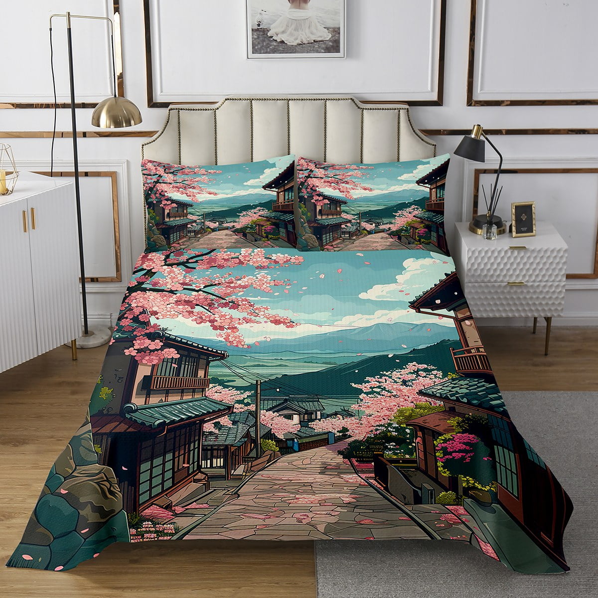 Japanese Showa Style Quilt Set Cherry Blossom Spring Decor Bedspread ...