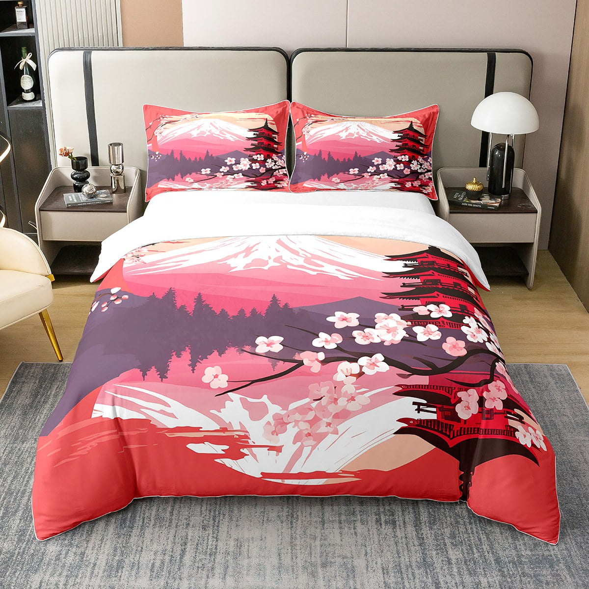 Japanese Style 100% Organic Cotton Duvet Cover,Red Cherry Blossoms ...