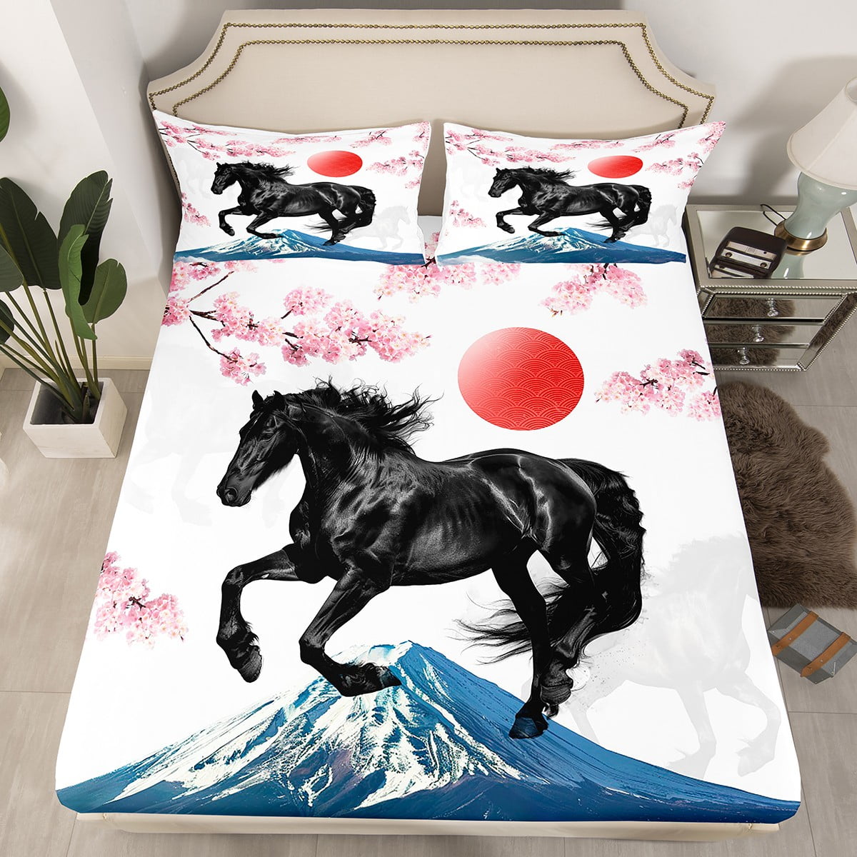 YST Japanese Style Bed Sheets Pink Cherry Blossoms Fitted Sheet Twin ...