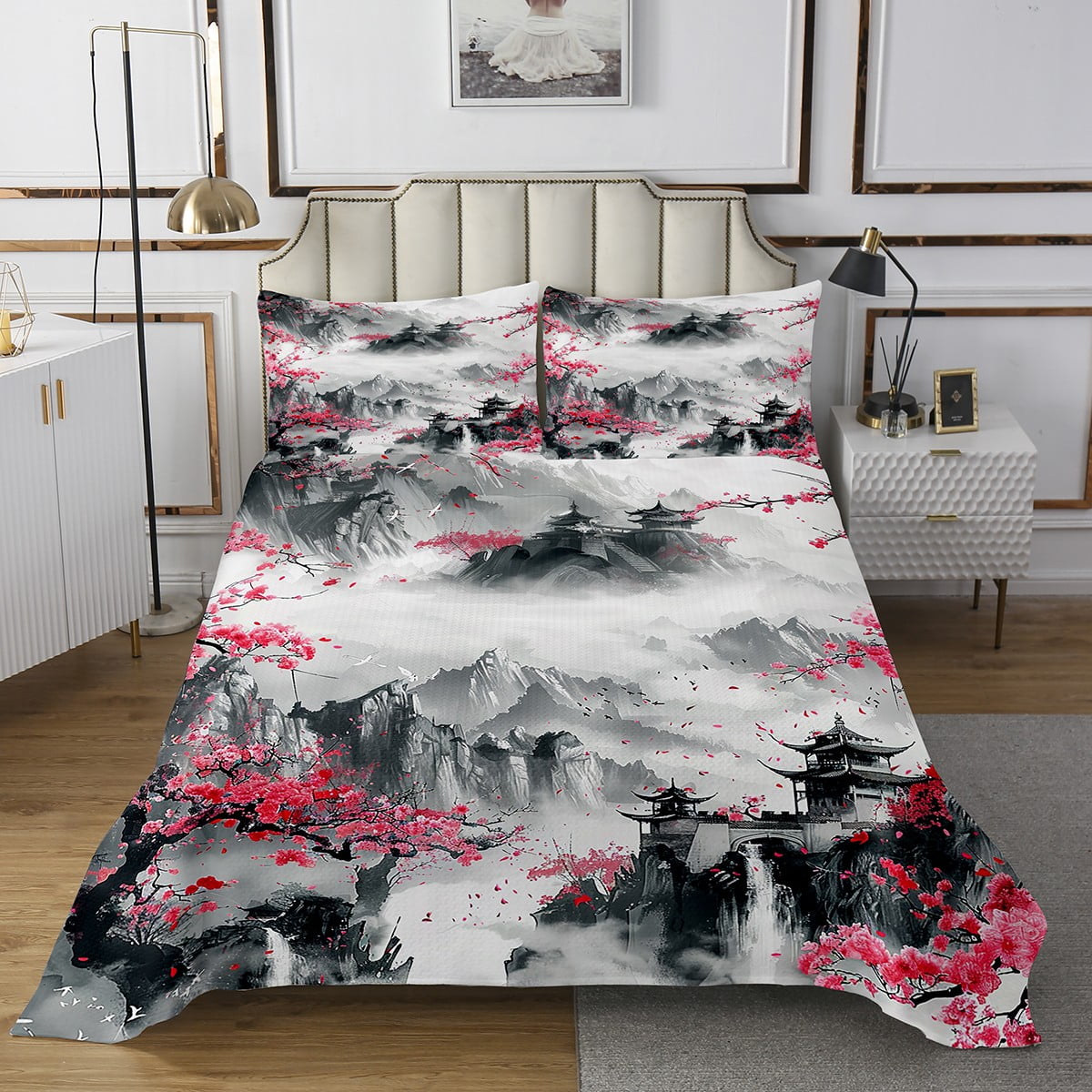 YST Japanese Style Bedspread Set King Size, Cherry Blossom Trees Quilt ...