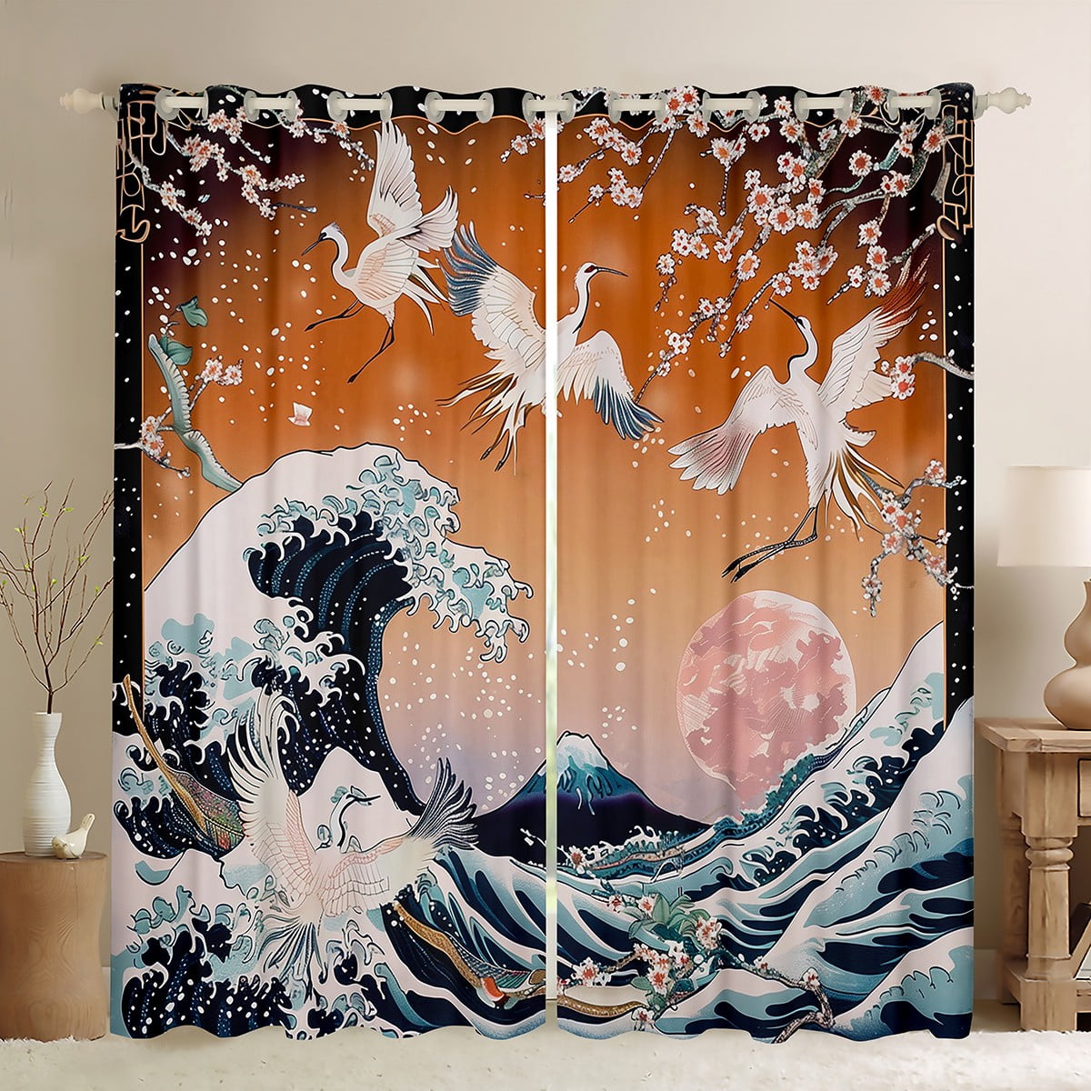Japanese Style 30%-50% Blackout Curtains Vintage Ukiyoe Curtains,Pink ...