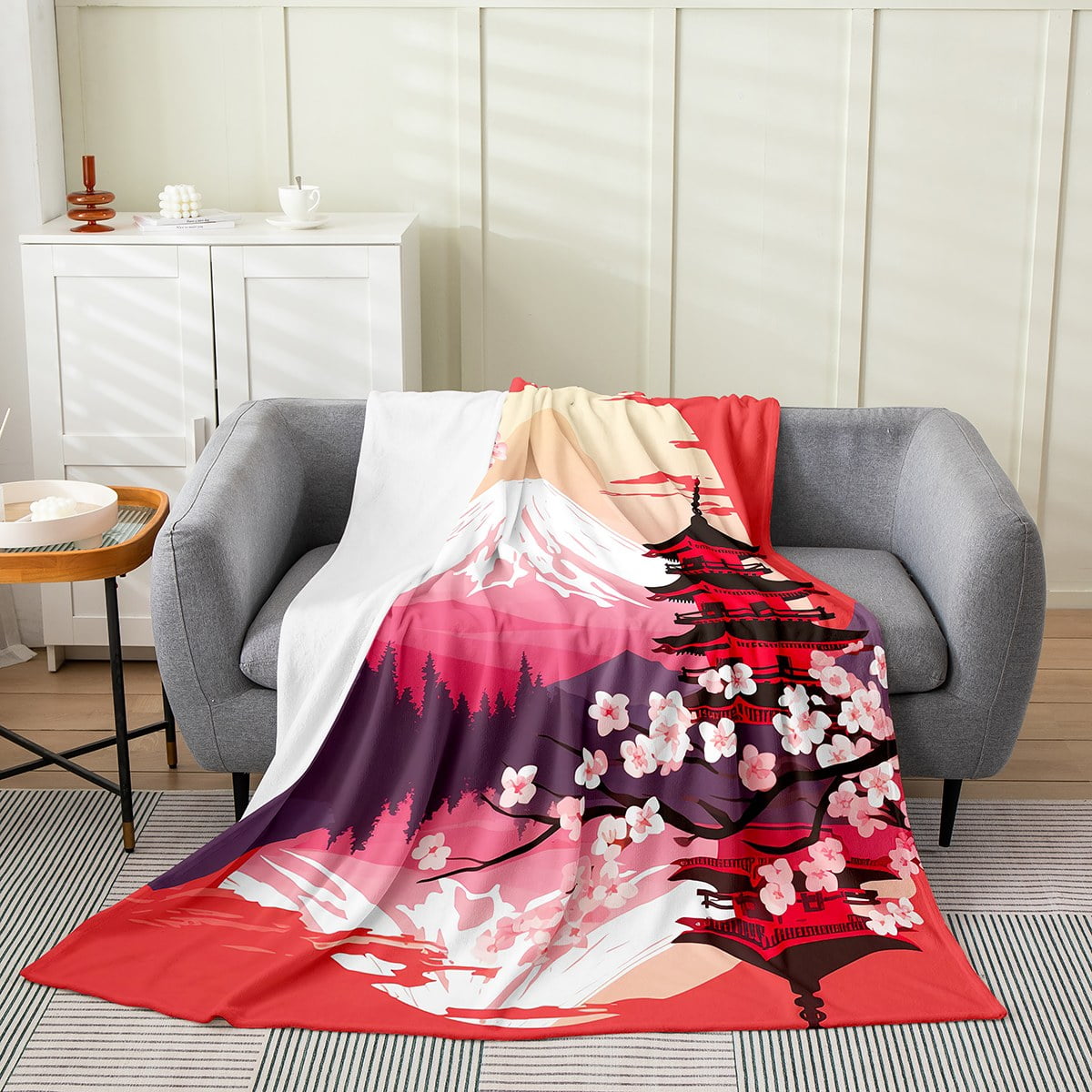 Japanese Style Blanket Queen 90x90 Inch,Red Cherry Blossoms Printed ...