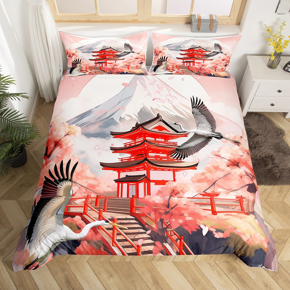 Erosebridal Japanese Style Comforter Cover Twin,Cherry Blossoms Crane ...