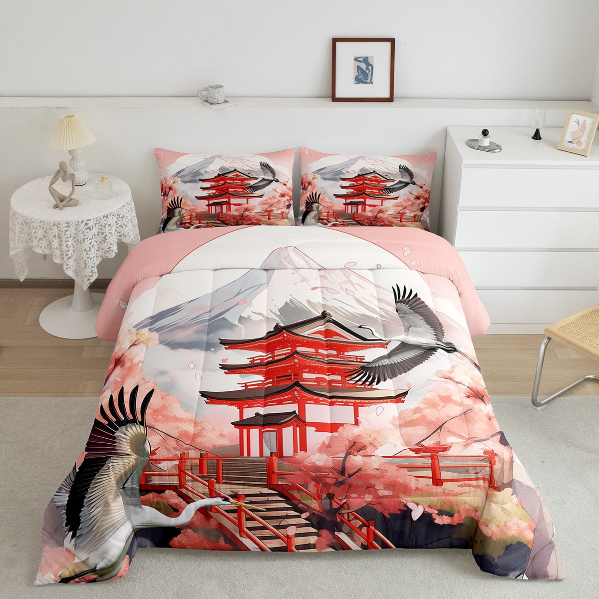 YST Japanese Style Comforter Set King Size,Cherry Blossoms Crane ...