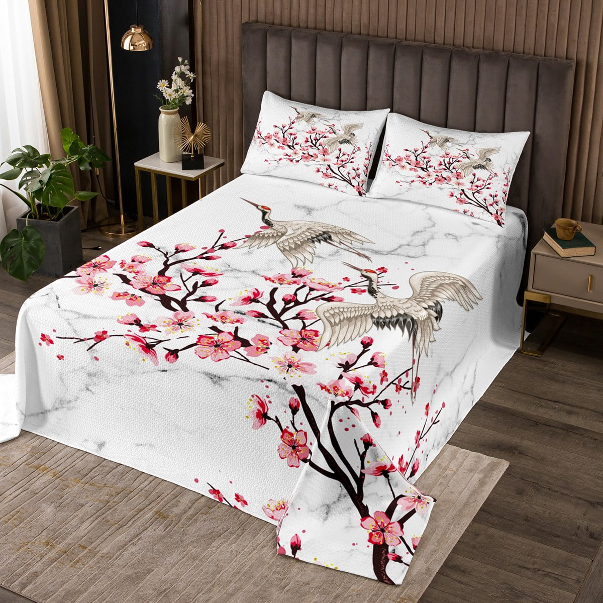 YST Japanese Style Coverlet Twin Size Chic Cherry Blossoms Bedding Set, Grey White Marble ...