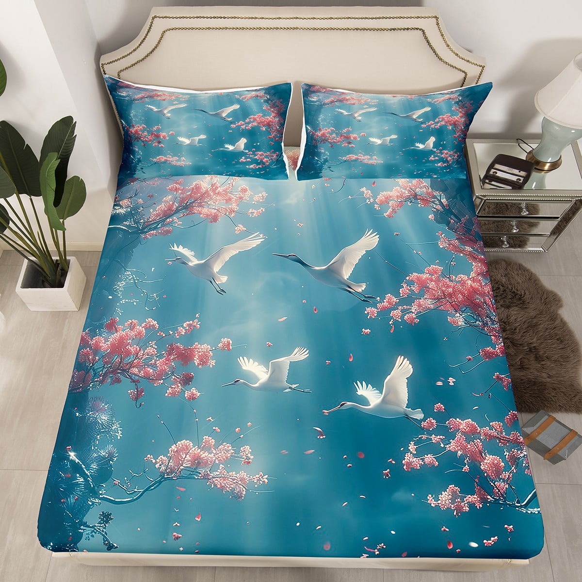 YST Japanese Style Crane Fitted Sheet Queen for Kids Adults,Pink Cherry ...