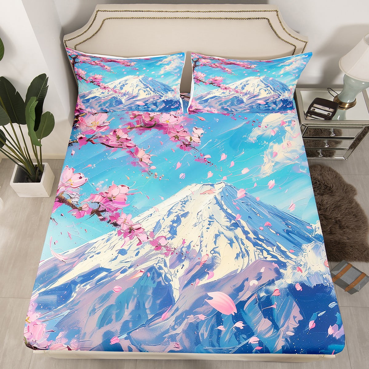 Japanese Style Fitted Sheet Twin,Pink Cherry Blossom Bedding Set Floral ...