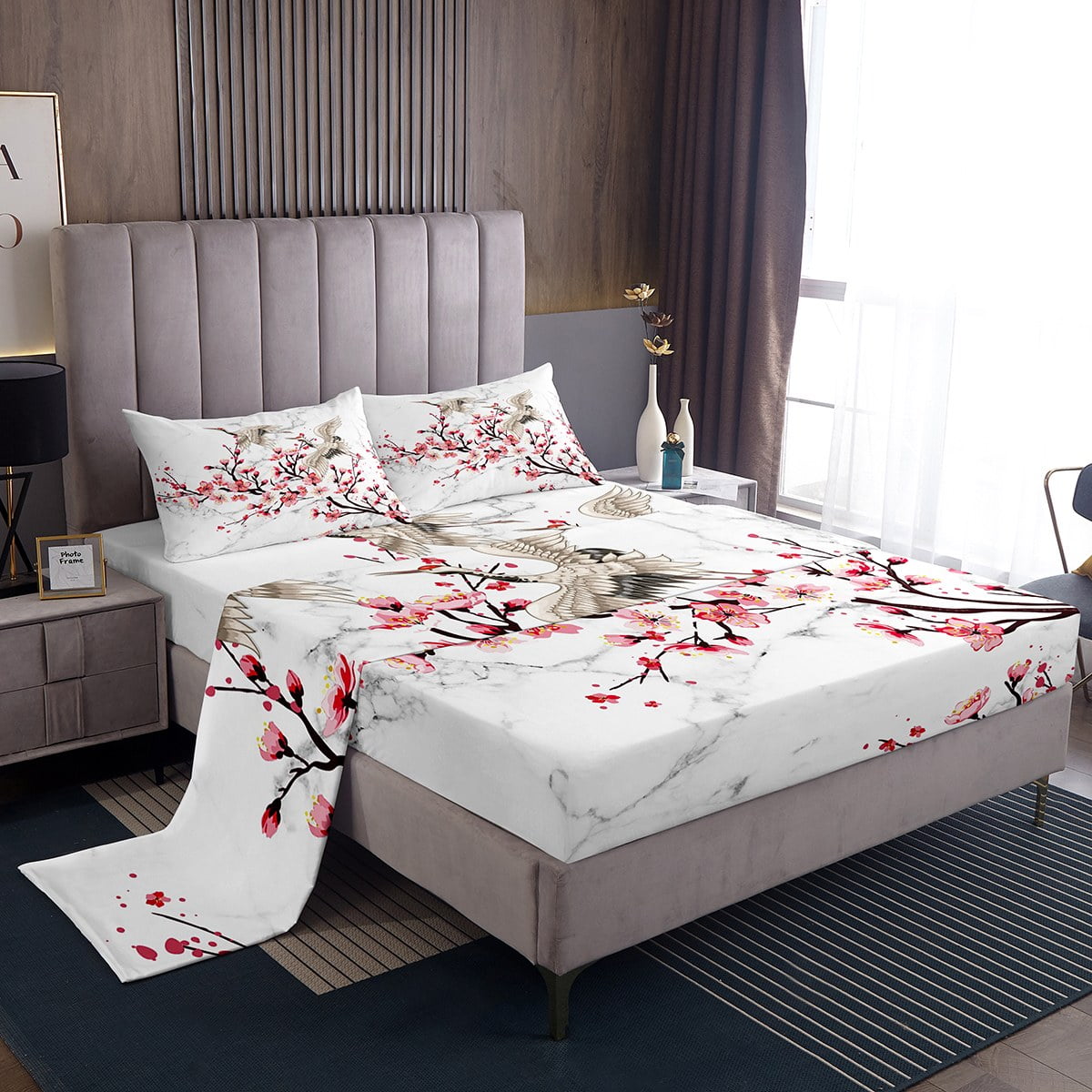 YST Japanese Style Full Sheets Chic Cherry Blossoms Bed Set, Grey White ...