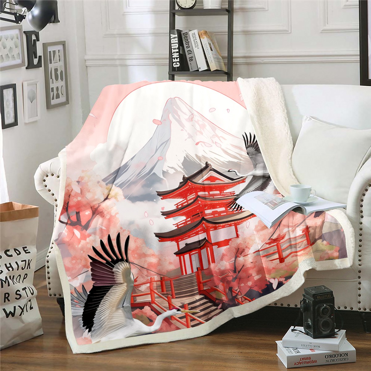 Japanese Style Fuzzy Blanket ,Cherry Blossoms Crane Printed Decor Throw ...