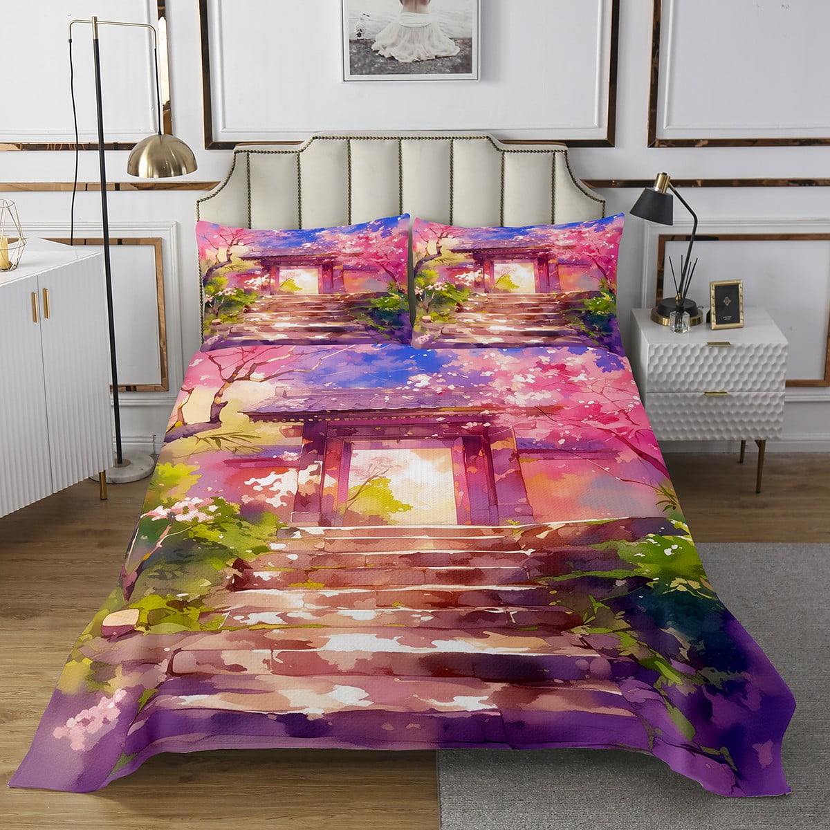 YST Japanese Style Queen Bedspread,Pink Cherry Blossom Quilt Bedding ...