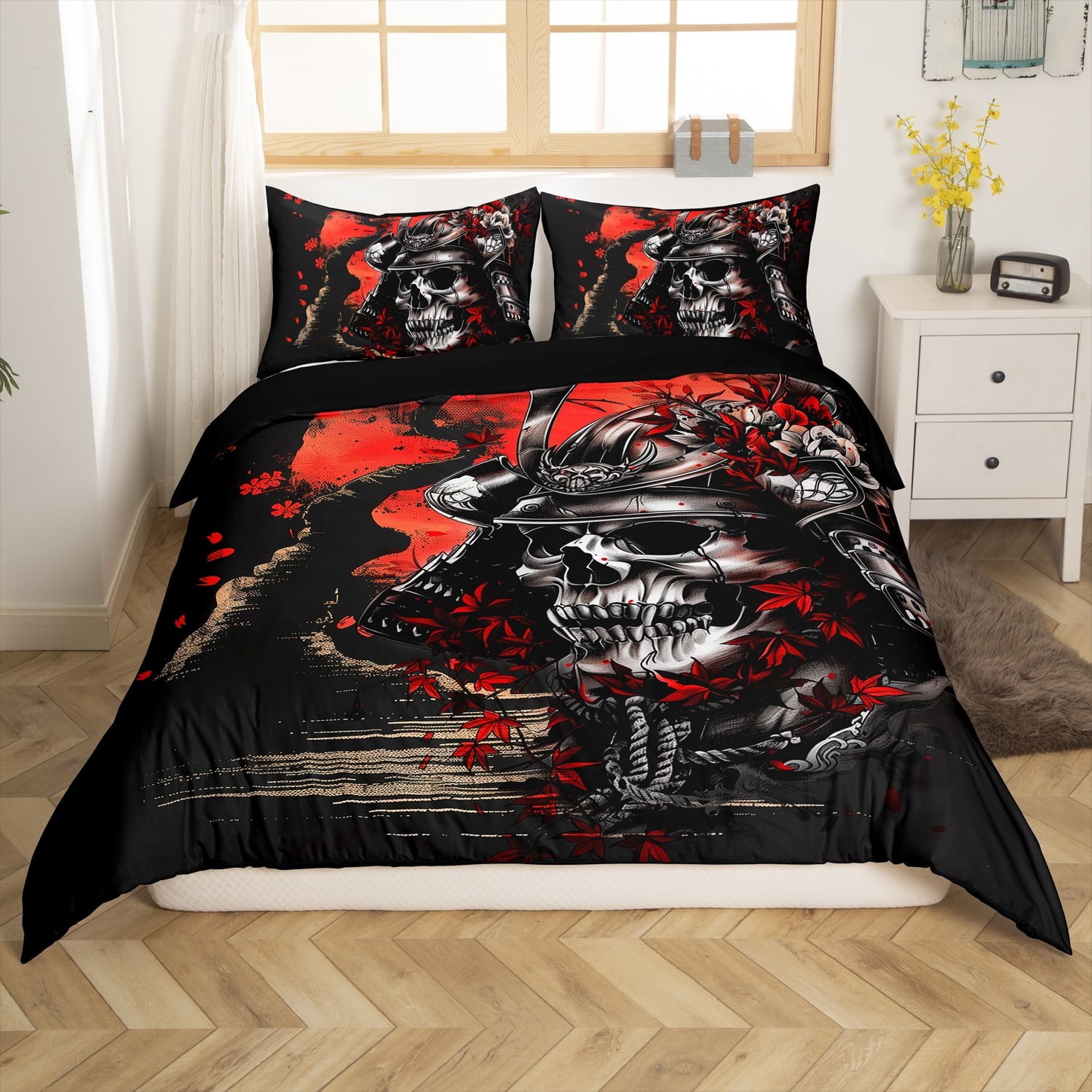 Japanese Style Samurai Duvet Cover Adults,Red and Black Skull Bedding ...