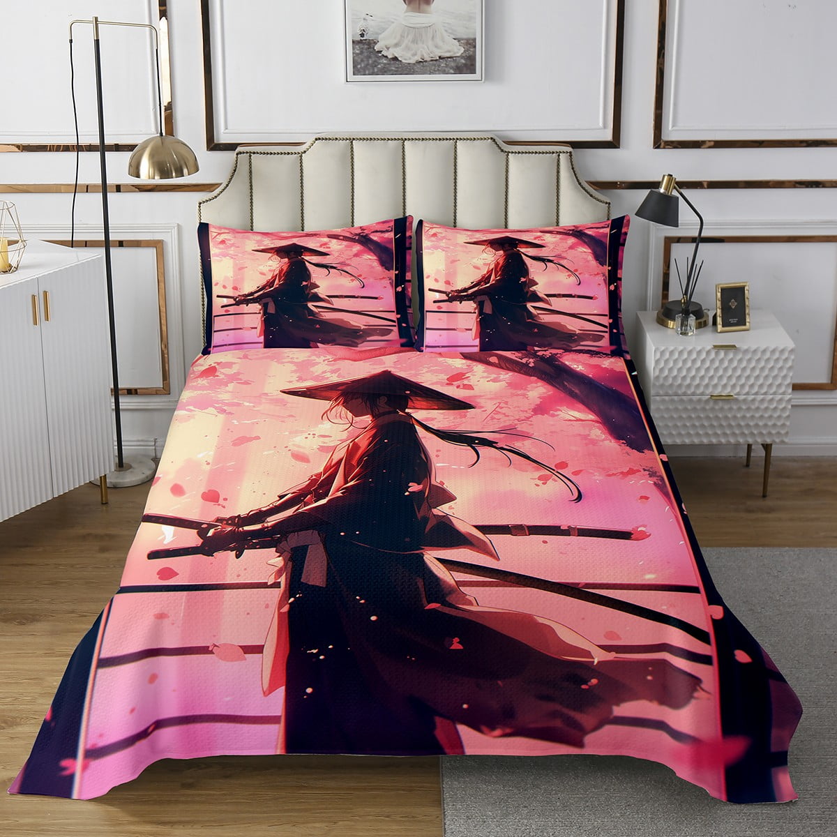 Japanese Style Samurai Twin Bedspread,Pink Cherry Blossom Quilt Bedding ...