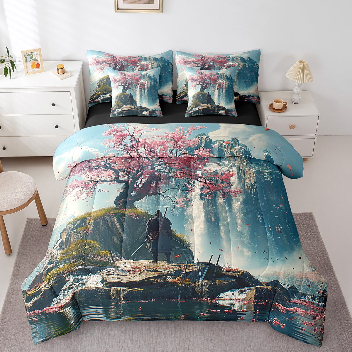 YST Japanese Style Samurai Twin Comforter Set 7 Piece,Pink Cherry ...