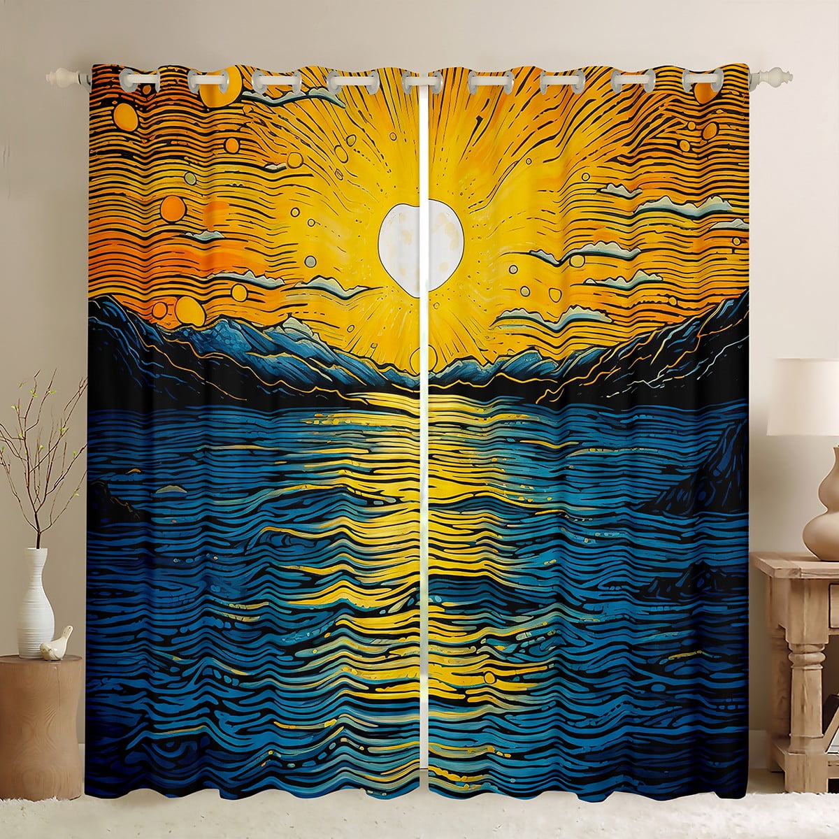 Erosebridal Japanese Sun Curtains,3D Ukiyoe Ocean Blackout Curtains ...