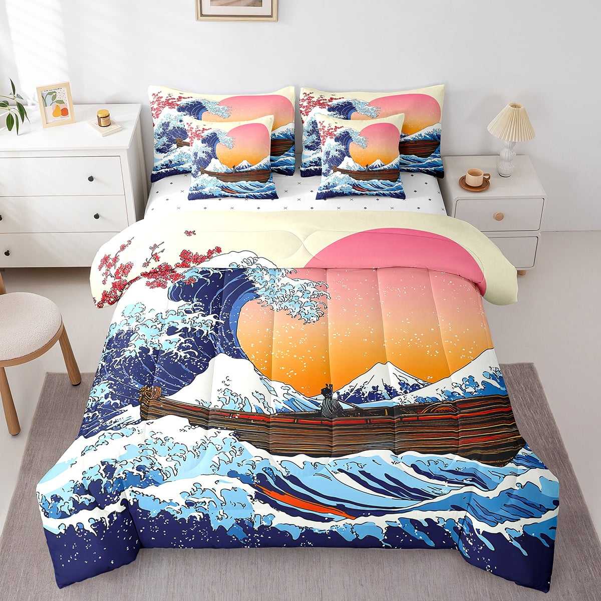 YST Japanese Twin Comforter Set 7 Piece,Ocean Nautical Bed In A Bag With Sheets For Girls Adults ...