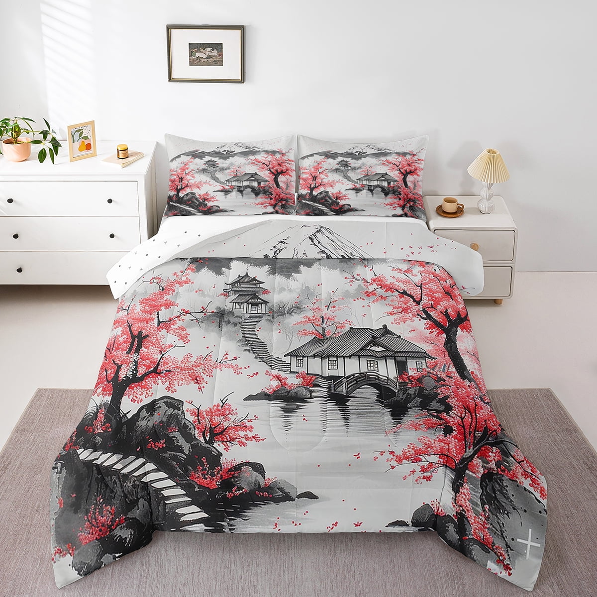 Japanese Ukiyo Bedding Sets Full Mount Fuji Cherry Blossom Down ...