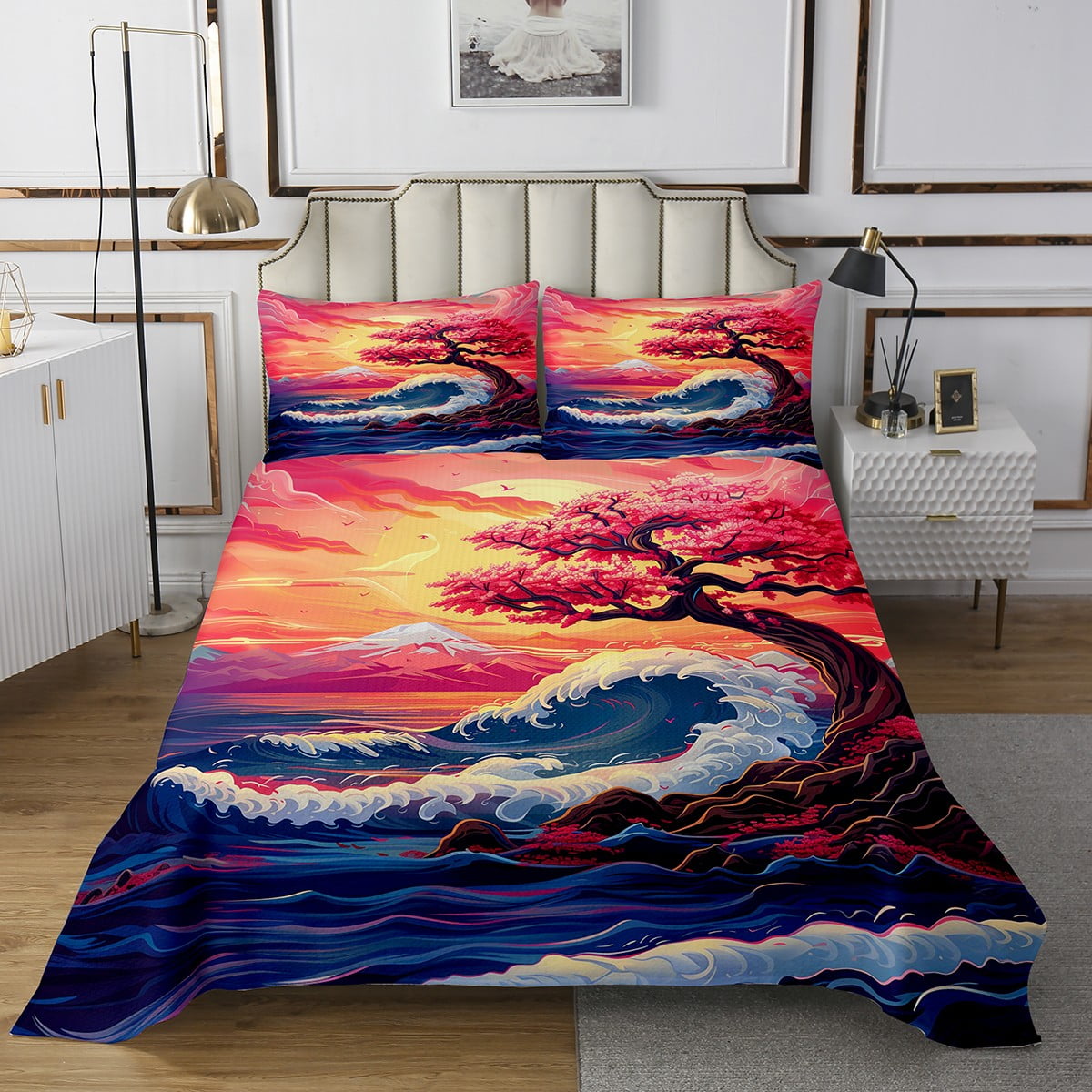 YST Japanese Ukiyo-E Coverlet Twin Size Sea Ocean Wave Bedding Set, Oriental Asian Themed ...
