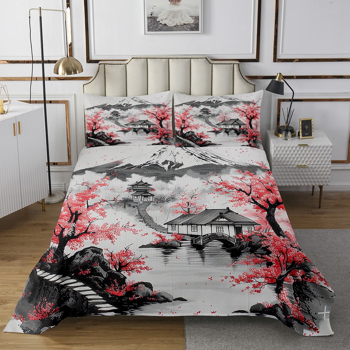 Japanese Ukiyo Quilt Sets King Mount Fuji Cherry Blossom Coverlet Set ...