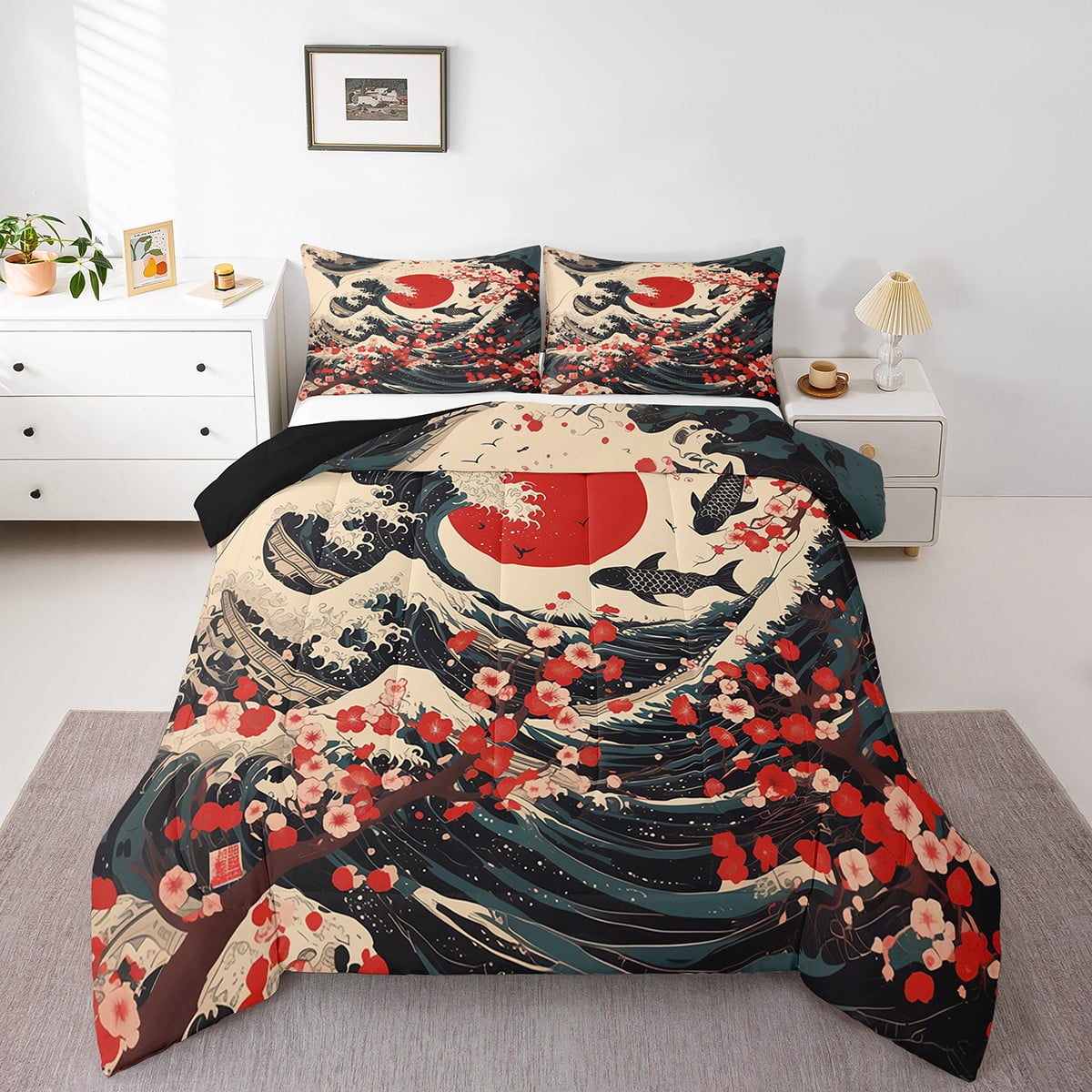 Japanese Ukiyo Theme Bedding Comforter Sets Koi Fish Cherry Blossom ...