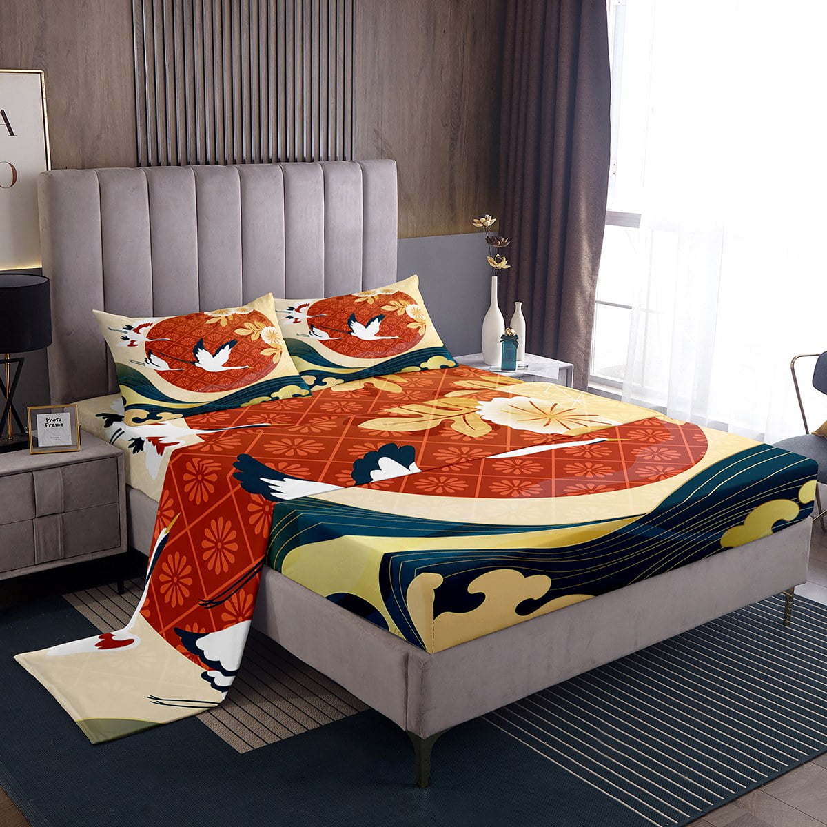YST Japanese Ukiyoe Bed Set White Crane Bed Sheets Set, Oriental Style ...