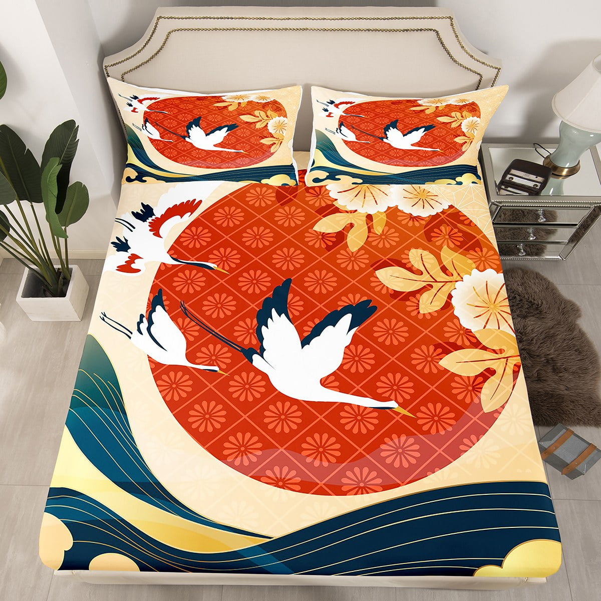 YST Japanese Ukiyoe Bed Sheets White Crane Fitted Sheet Full Size ...