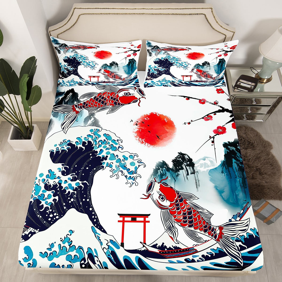 YST Japanese Ukiyoe Bedding Queen Size Koi Print Bed Sheets ...