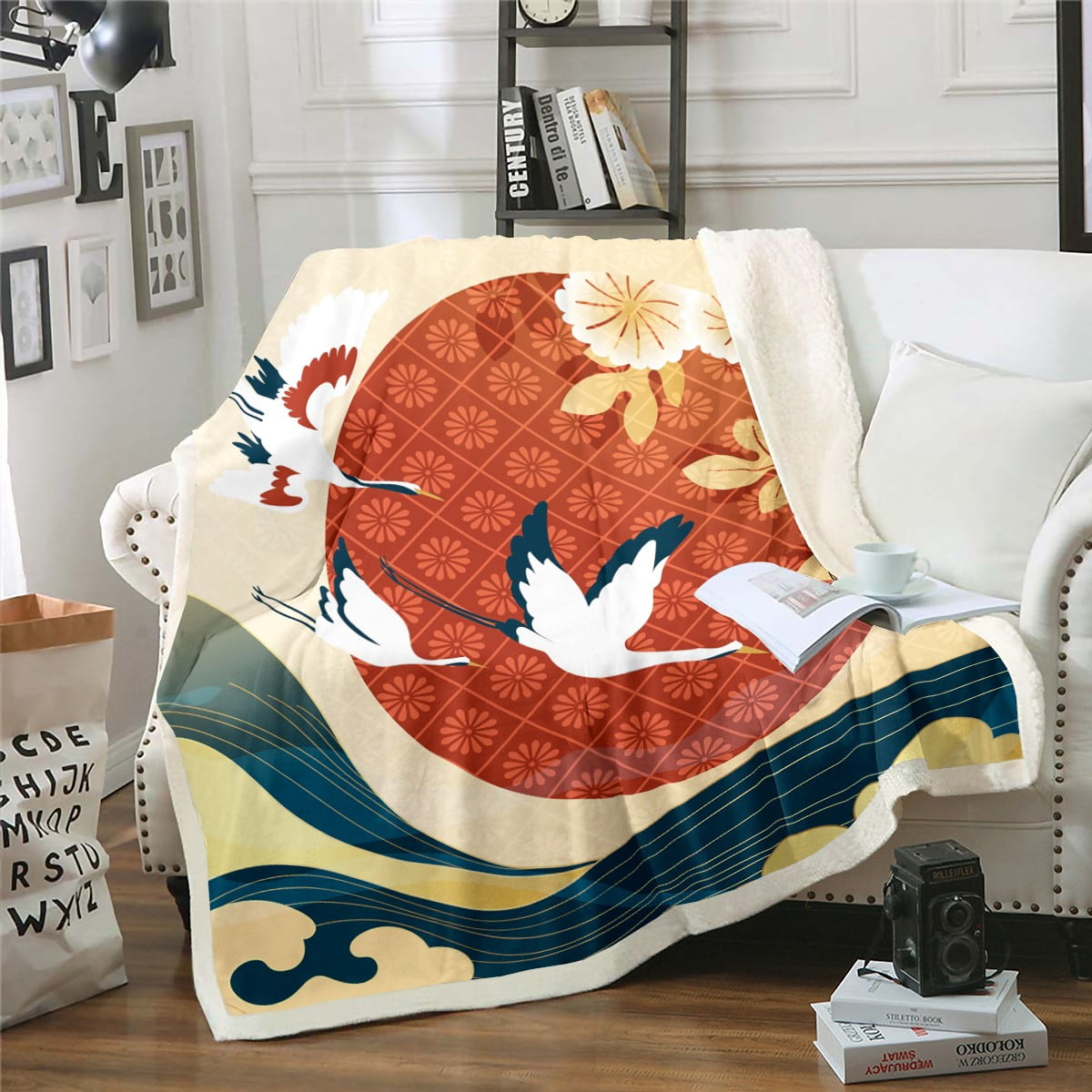 Japanese Ukiyoe Fleece Blanket White Crane Sherpa Blanket, Oriental ...